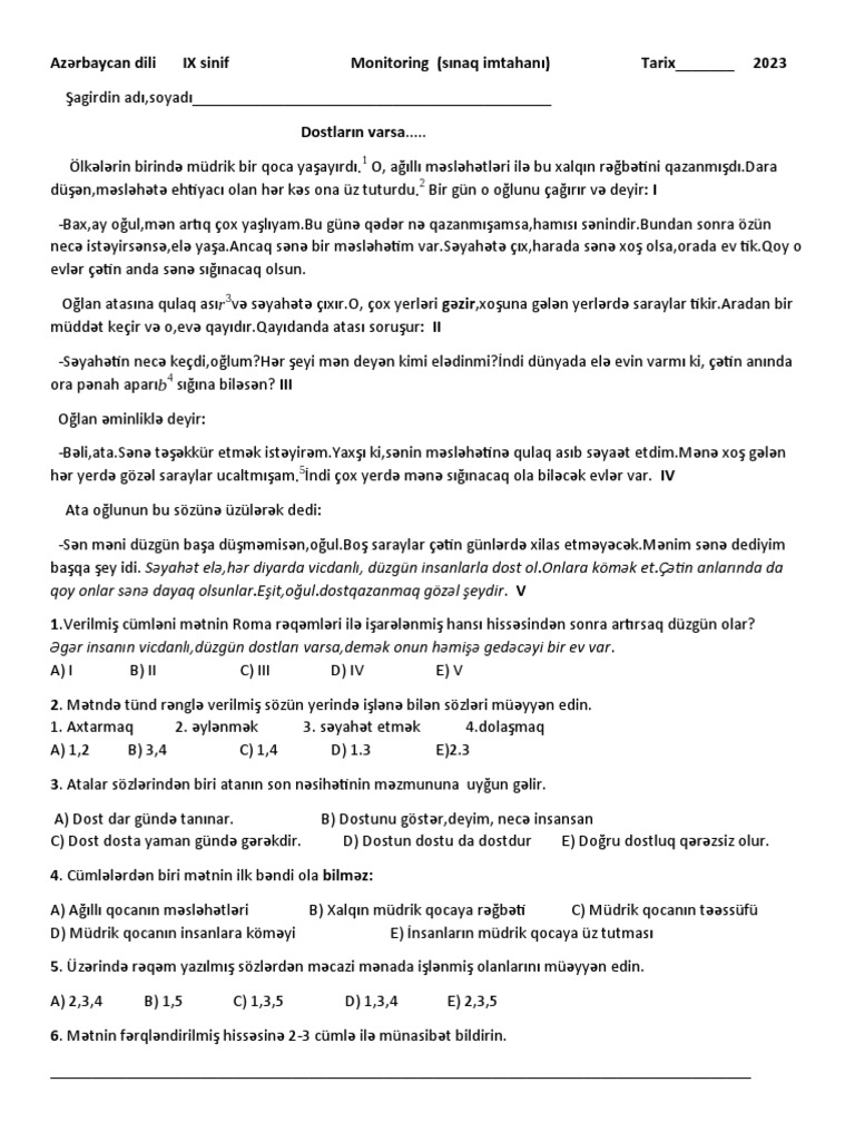 Azərbaycan Dili IX Sinif Monitoring | PDF