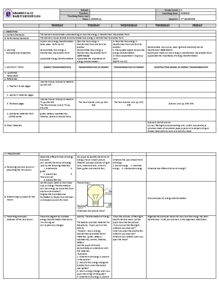 Science 6 - Q3 - W6 | PDF | Differentiated Instruction | Flashlight