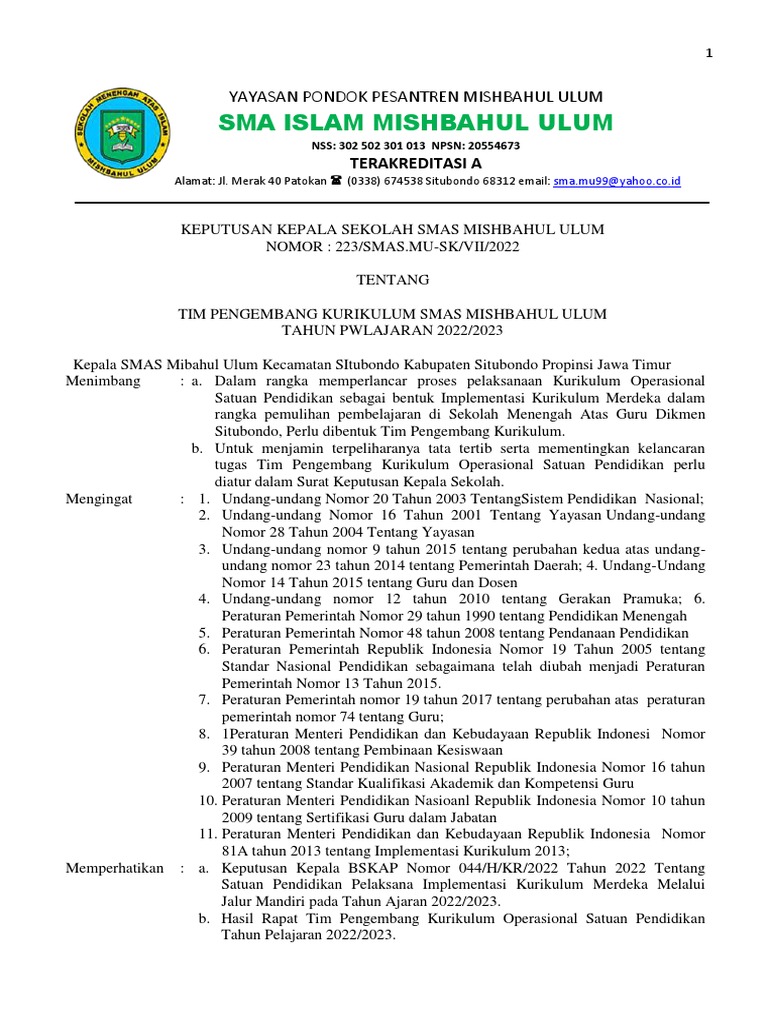 SK TIM KOSP Kurikulum Merdeka Mandiri Berubah (Repaired) | PDF