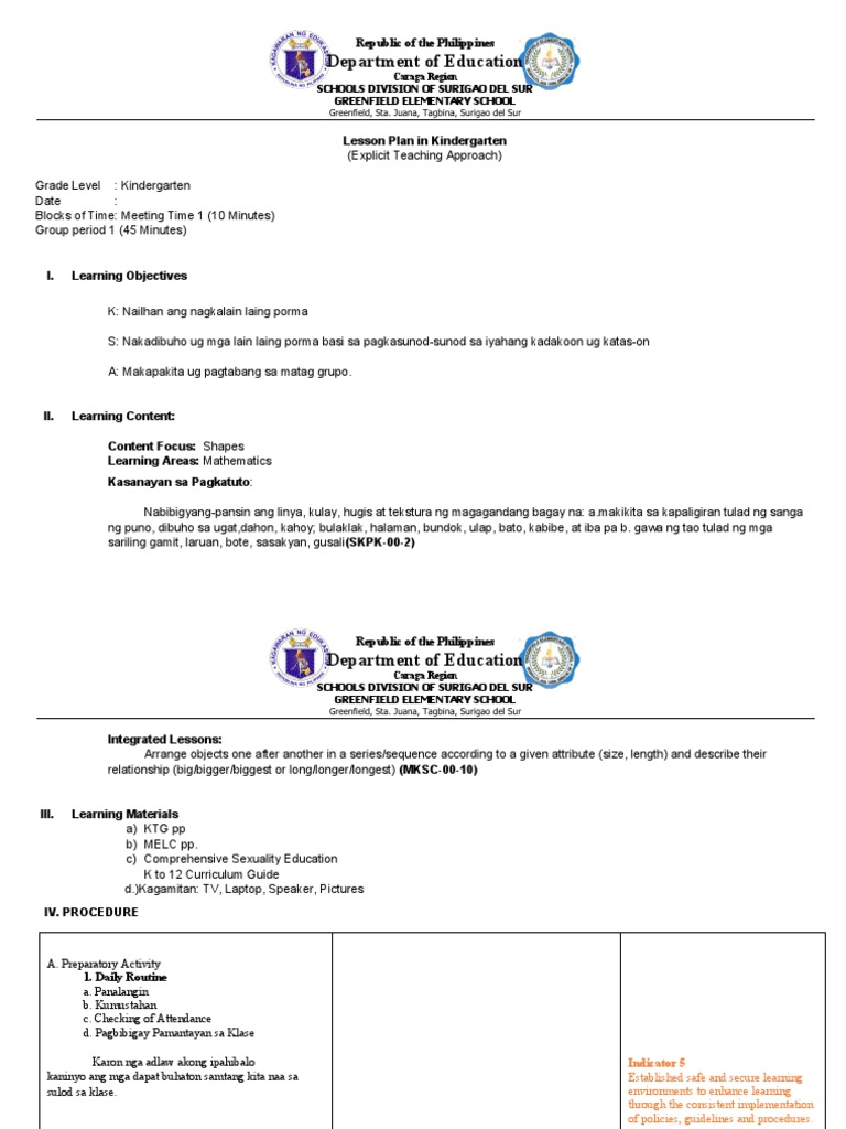 Kindergarten Lesson Plan Explicit Teaching Approach | PDF | Learning ...