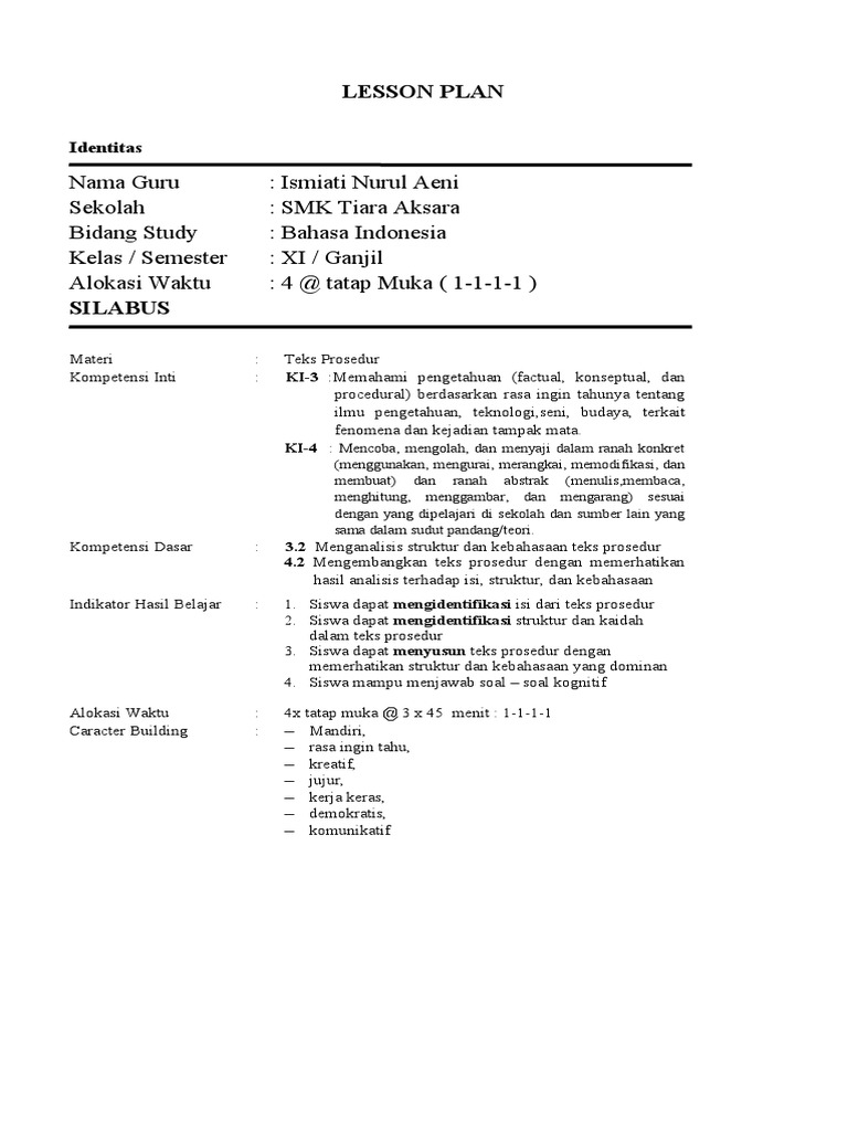 Lesson Plan-Ismiati NA-SMK B.INDO KLS XI (SEPT) 22 | PDF