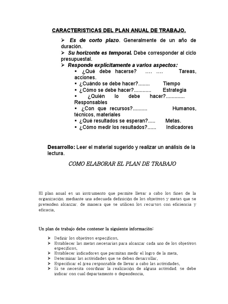 Caracteristicas Del Plan Anual de Trabajo | PDF | Presupuesto ...