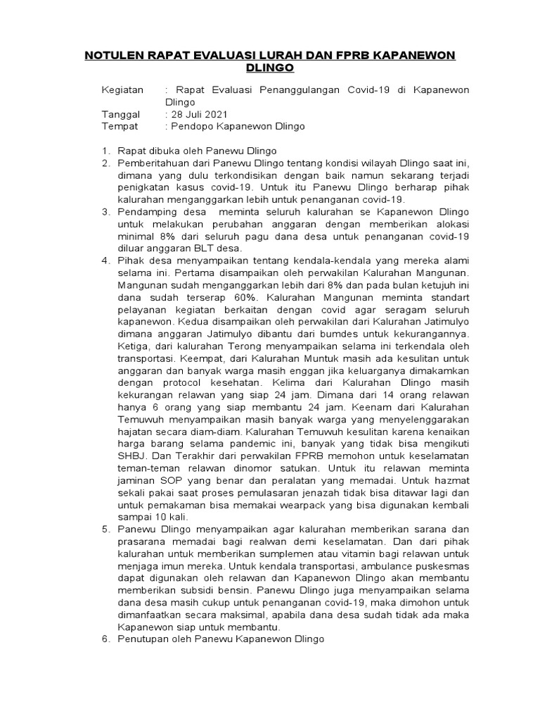 NOTULEN Rapat Evaluasi Lurah Dan Satgas | PDF