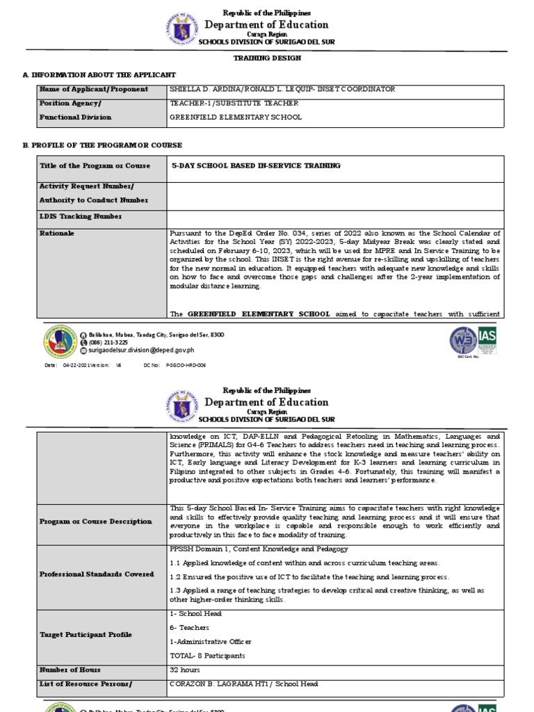 INSET Training Design 2023 | PDF | Teachers | Educational Technology