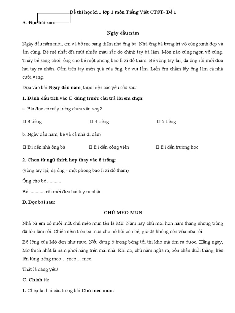 34 de Thi Hoc Ki 1 Mon Tieng Viet Lop 1 | PDF