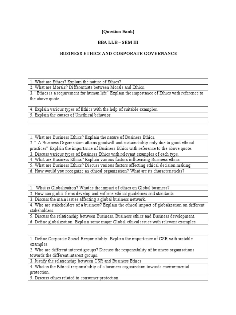 Business Ethics Question Bank | PDF | Business Ethics | Corporate ... Business Ethics Question Bank | PDF | Business Ethics | Corporate ...