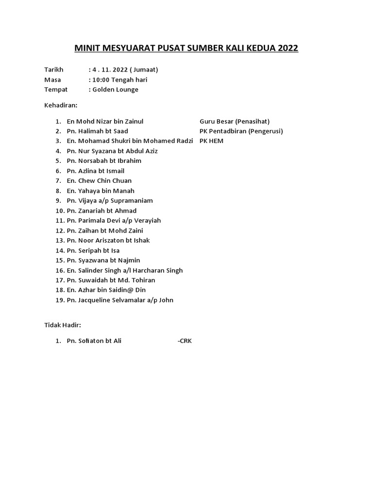 Minit Mesyuarat Ajk Kerja Pusat Sumber Kali Kedua 2022 | PDF