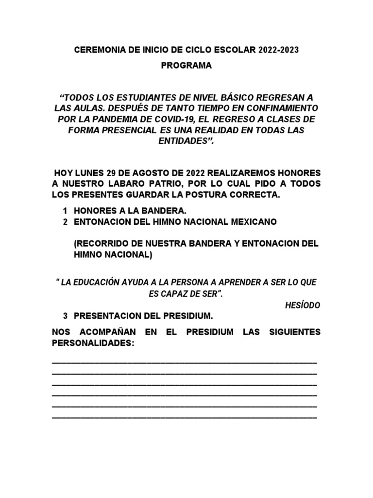 Ceremonia de Inicio de Ciclo Escolar | PDF
