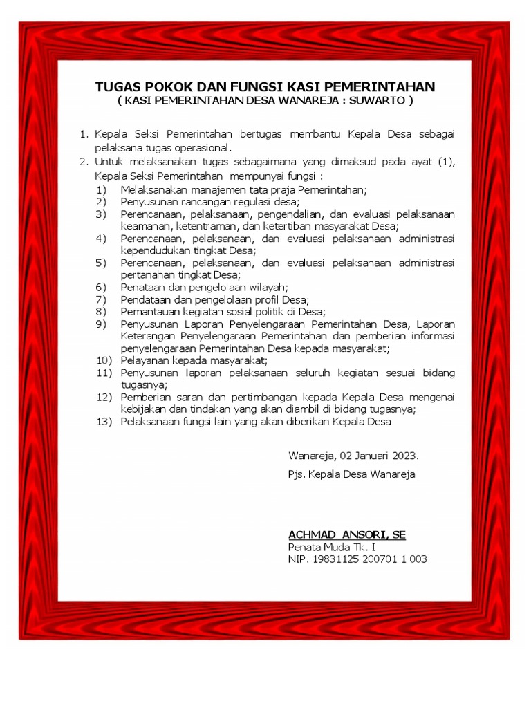02 Tugas Pokok Dan Fungsi Kasi Pemerintahan Desa | PDF