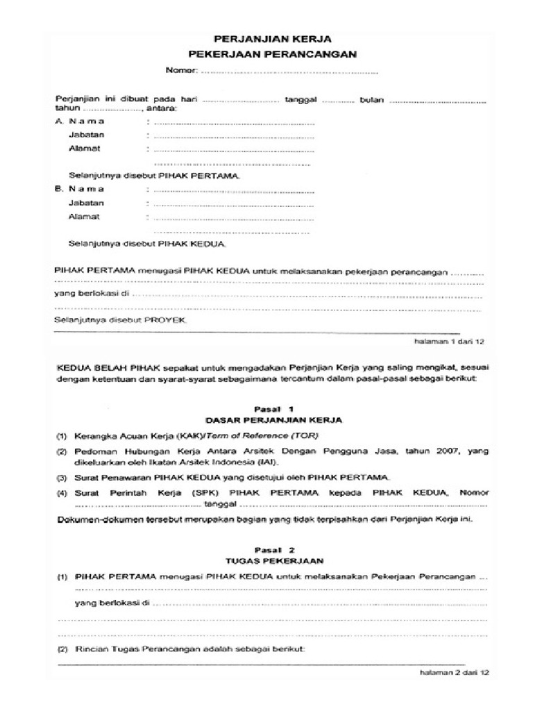 Contoh Template Kontrak Kerja Untuk Perancangan Arsitek | PDF