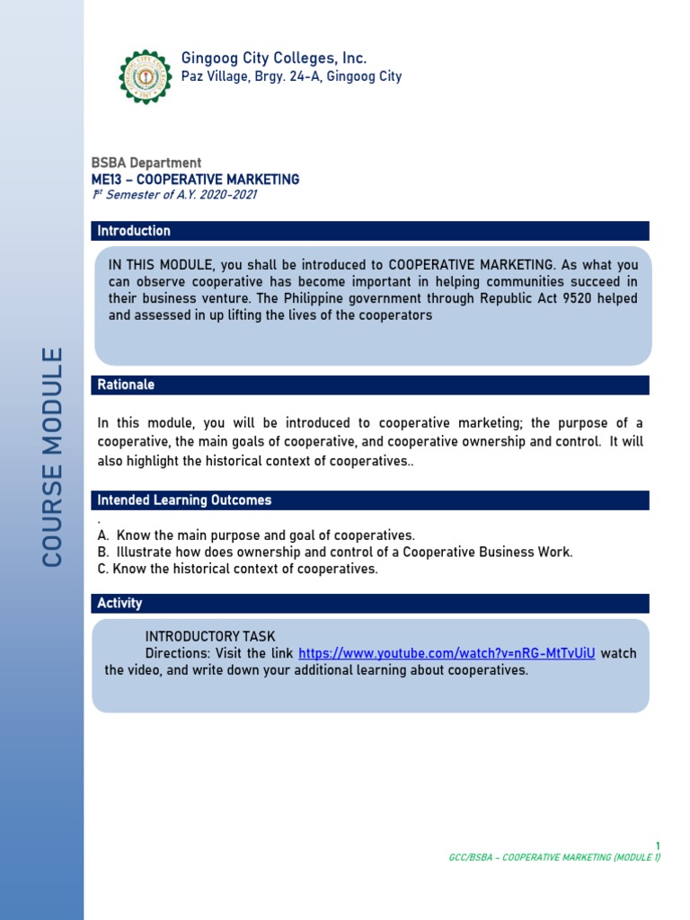 Week 1 Module 1 Introduction, Background and Types of Cooperatives | PDF