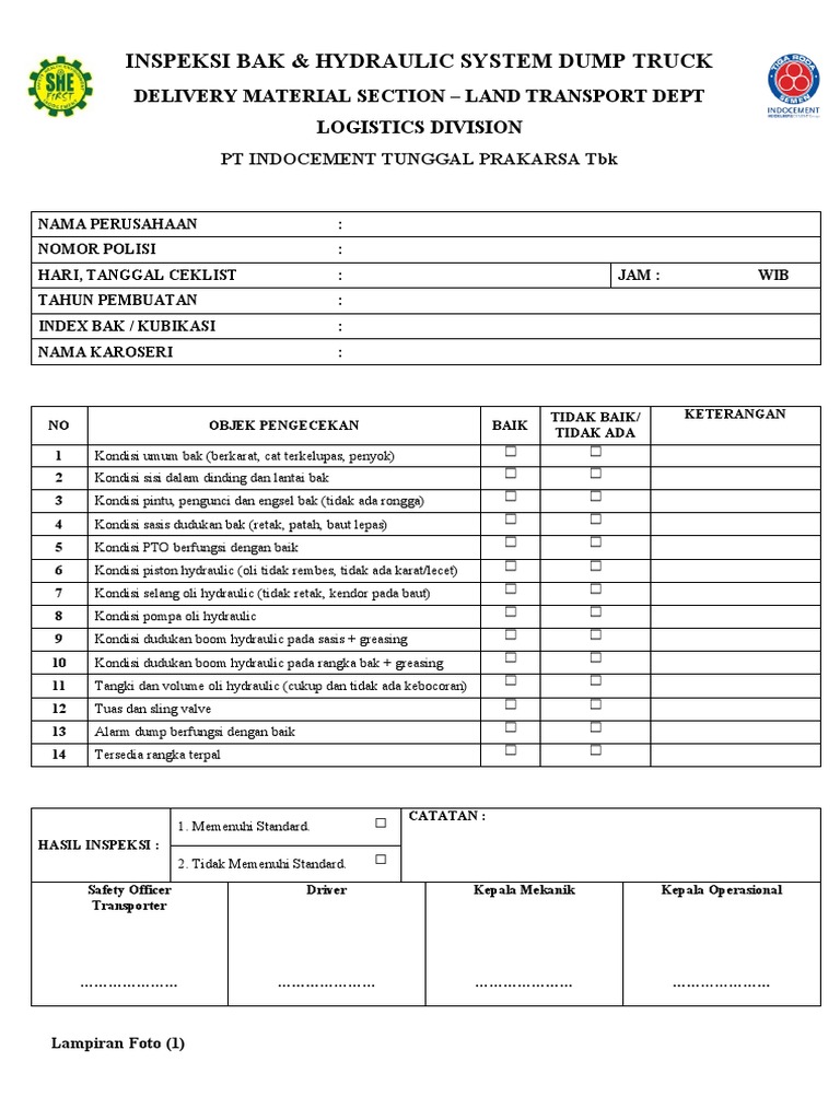 Form Inspeksi Hydraulic System Dump Truck - CeklistLampiran-1 | PDF