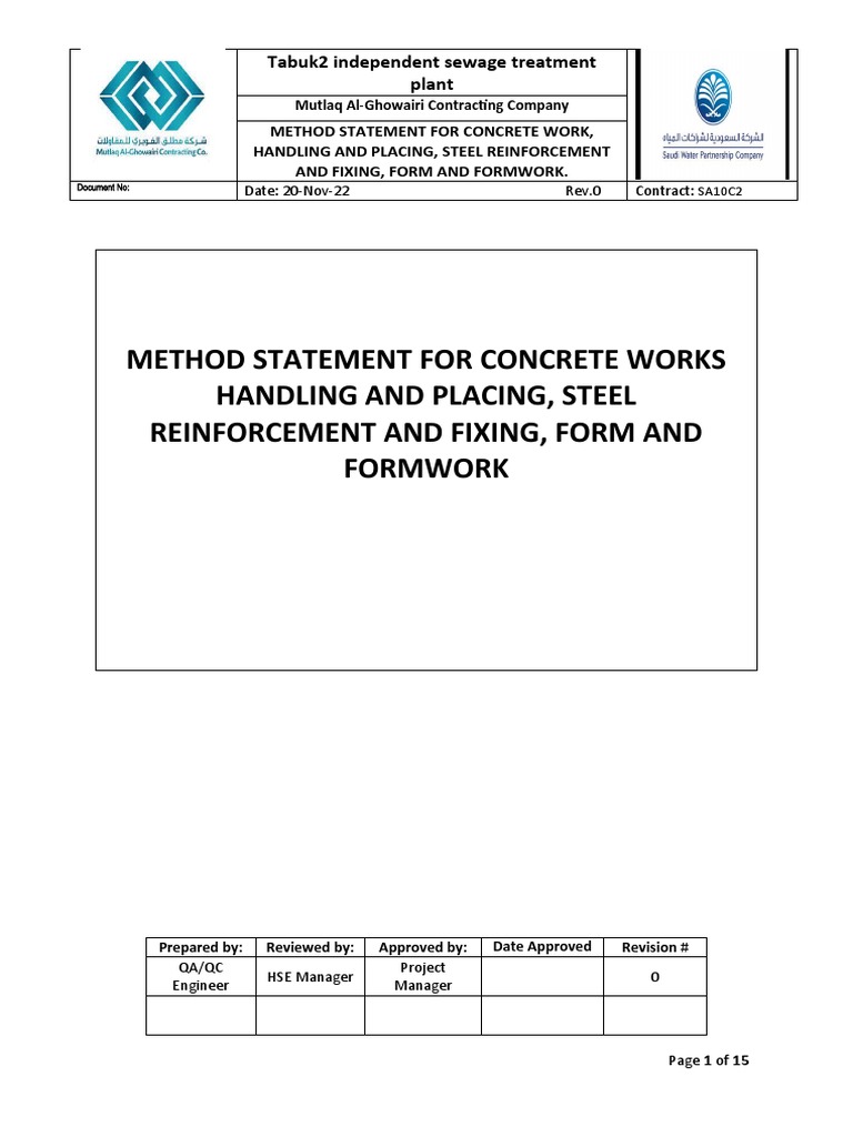 Method of Statement For Concrete Works | PDF | Concrete | Secondary Sector Of The Economy