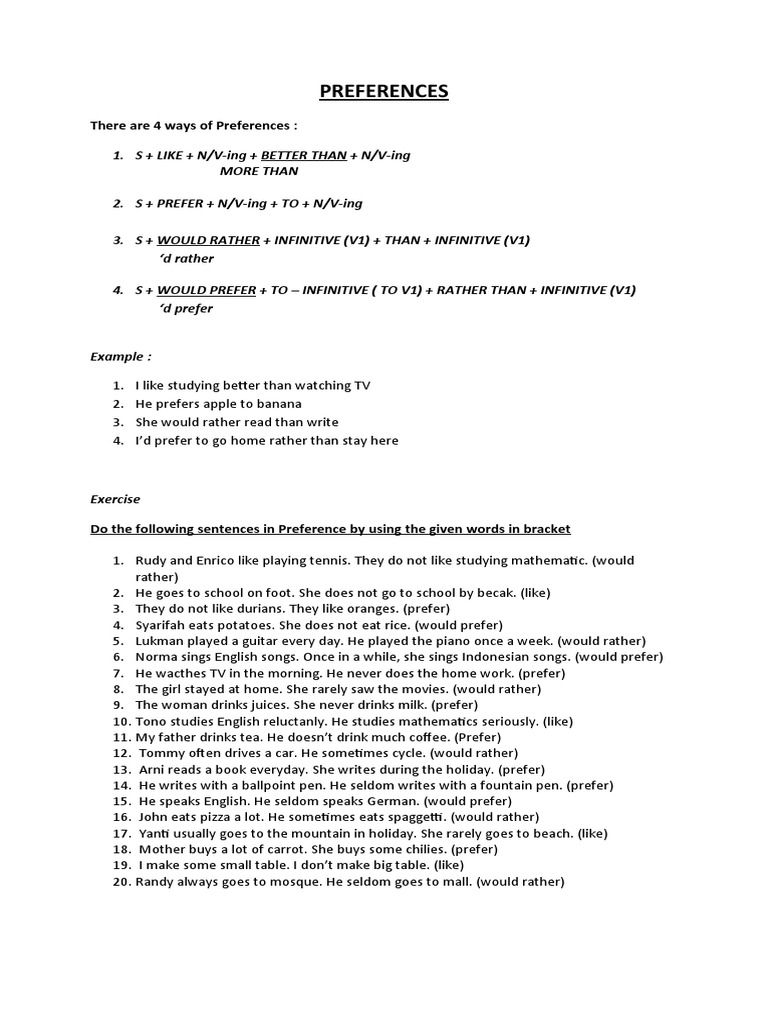 Preference Sentence Exercises | PDF | Language Arts & Discipline ...