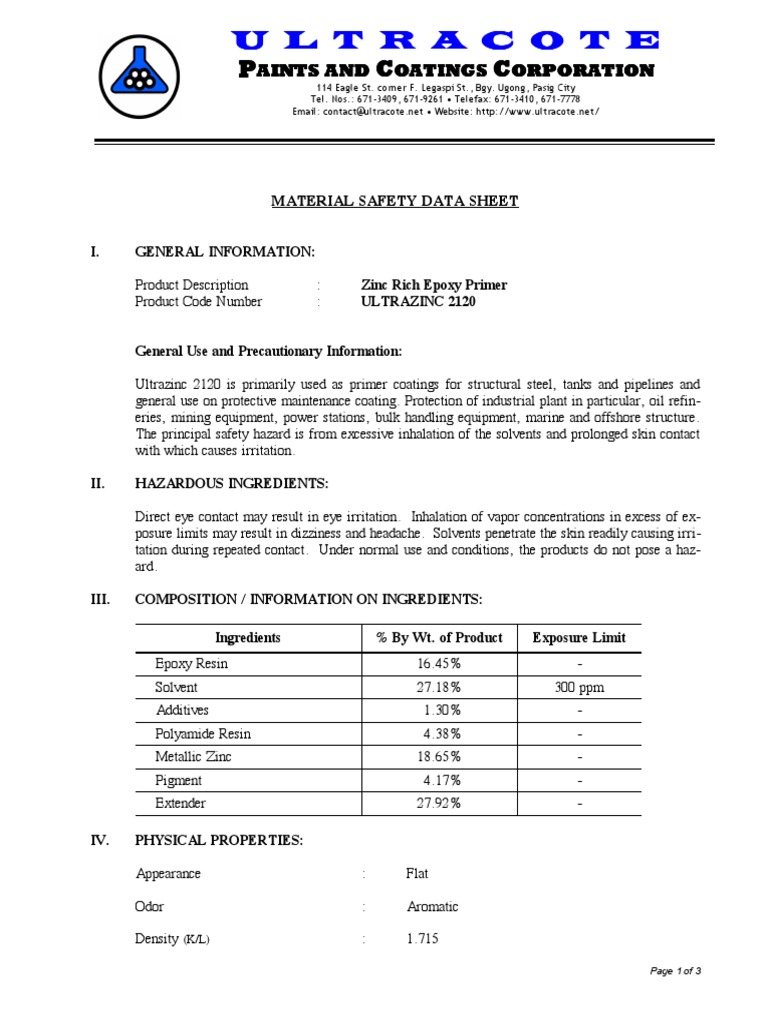MSDS - For Primer - UZ-2120 | PDF | Water | Waste
