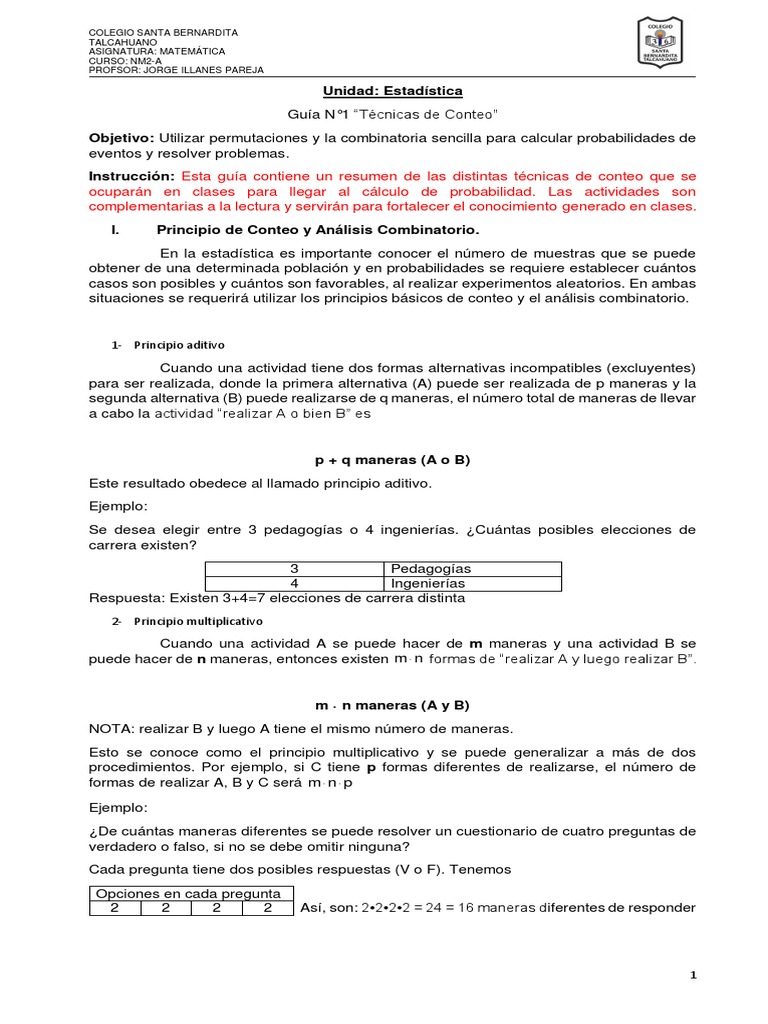 Guia Unidad IV Tecnicas de Conteo Nm2 Matematica | PDF | Combinatoria | Permutación