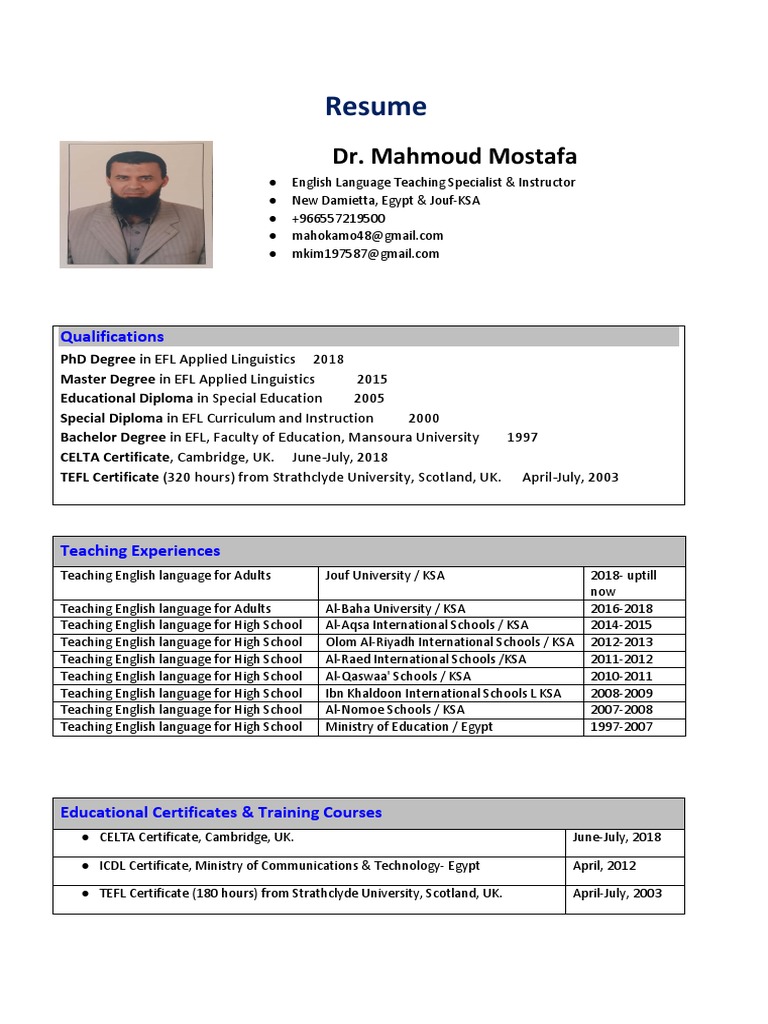 DR MAHMOUD MUSTAFA - Resume 2021 | PDF | Riyadh | English As A Second Or Foreign Language