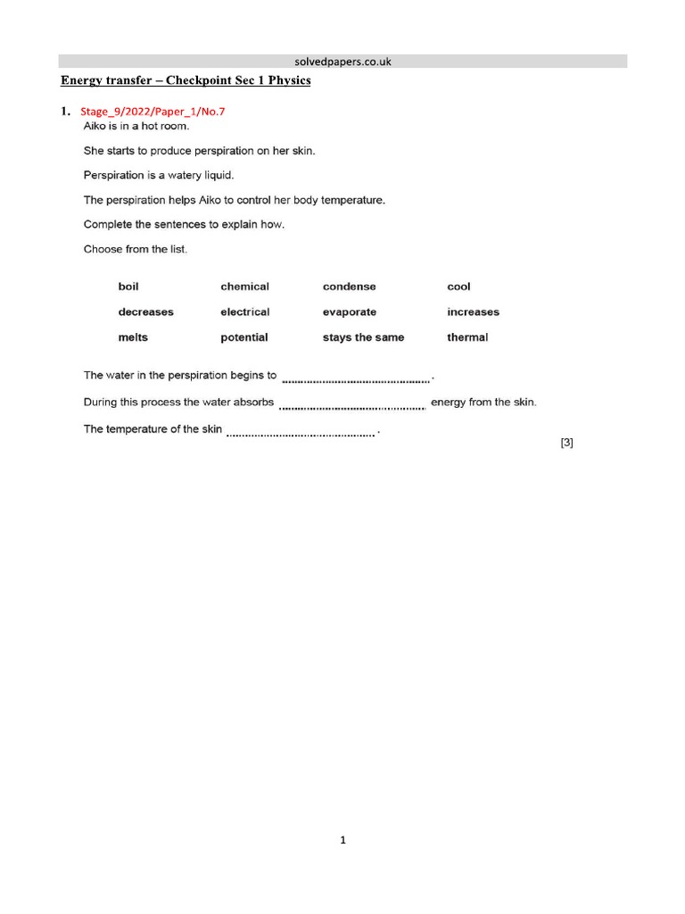 Energy Transfer Checkpoint - Sec - 1 Physics Progression | PDF
