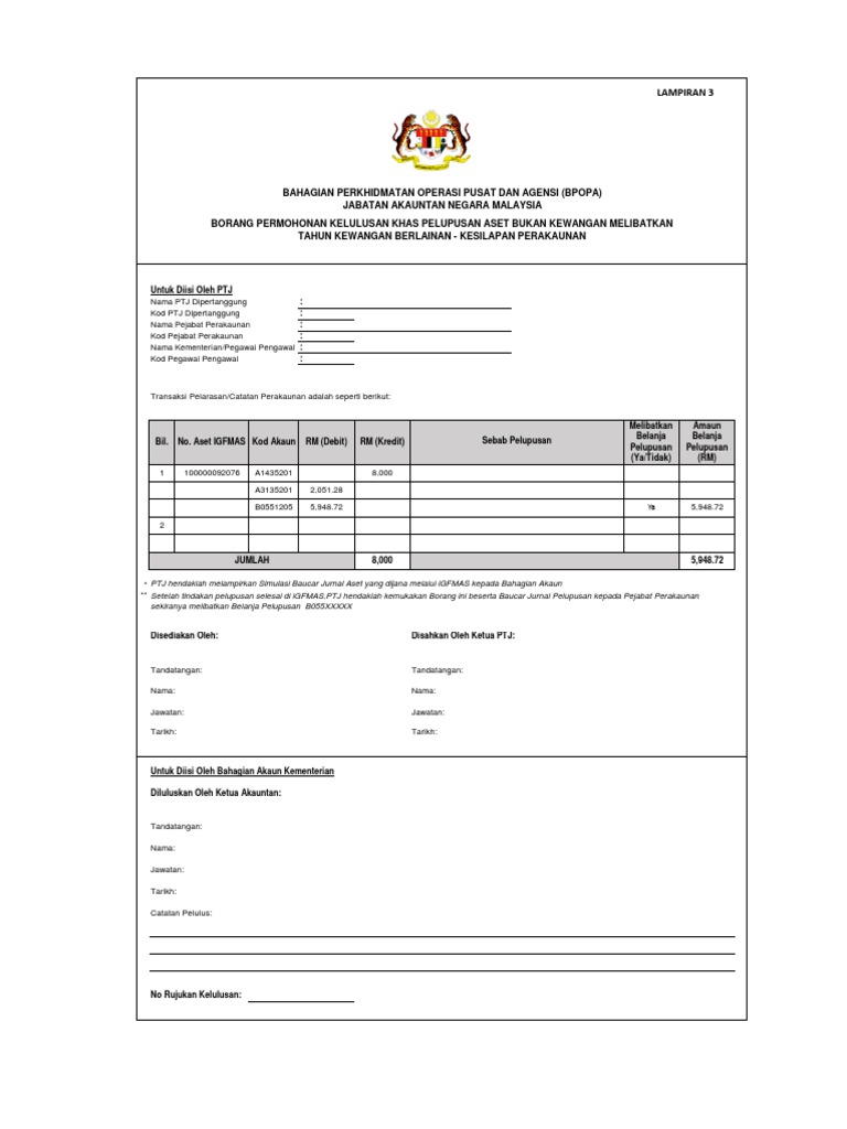 Borang Permohonan Kelulusan Khas Pelupusan Aset Bukan Kewangan - Kesilapan Perakaunan | PDF
