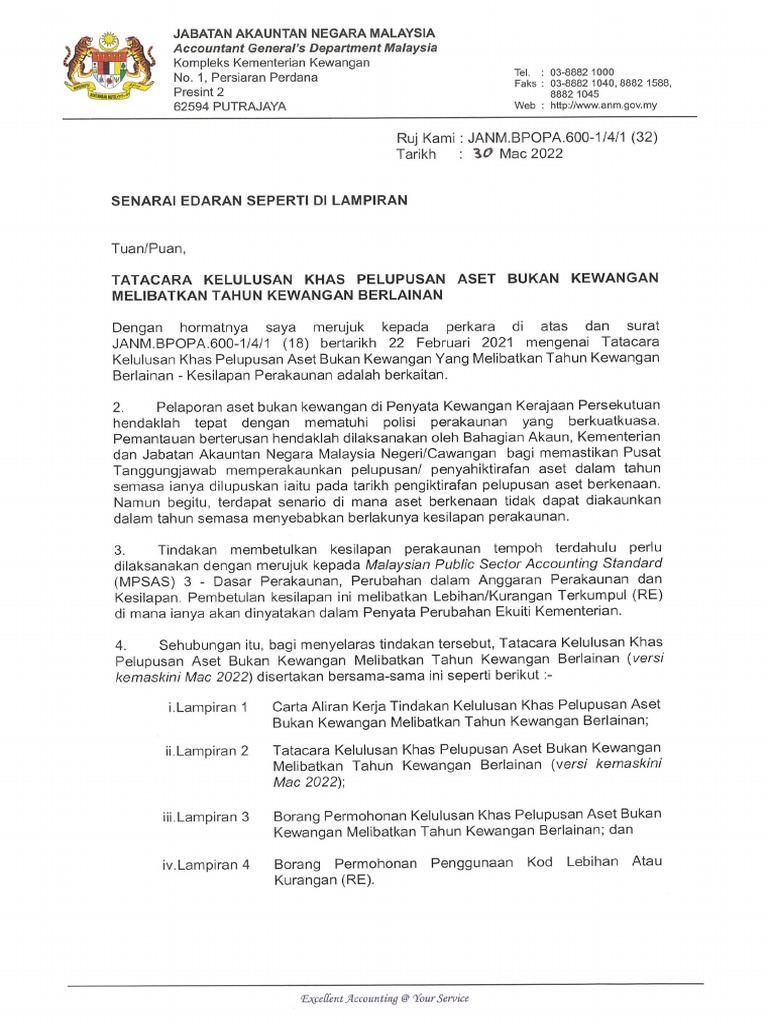 Surat Tatacara Kelulusan Khas Pelupusan Aset Bukan Kewangan Melibatkan Tahun Kewangan Berlainan ...