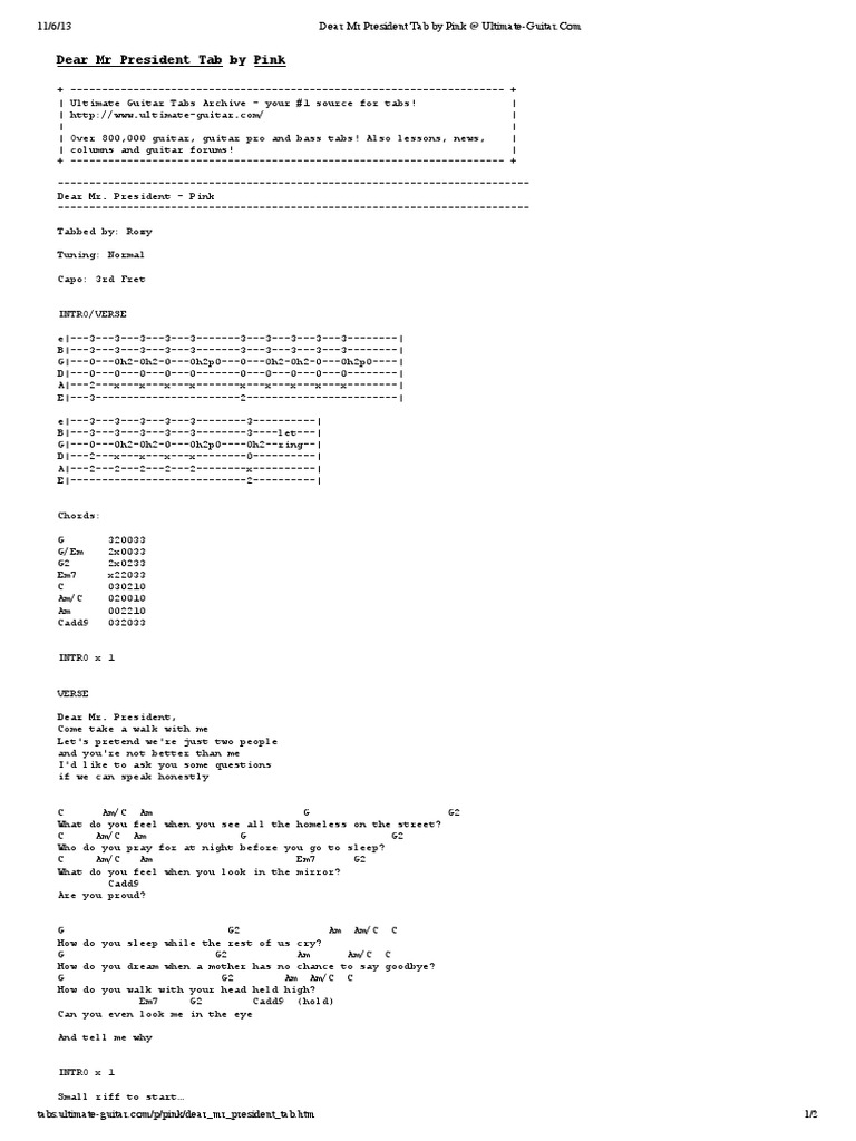 Pink - Dear Mr. President Guitar Tab | PDF | Guitars | Celtic Musical ...