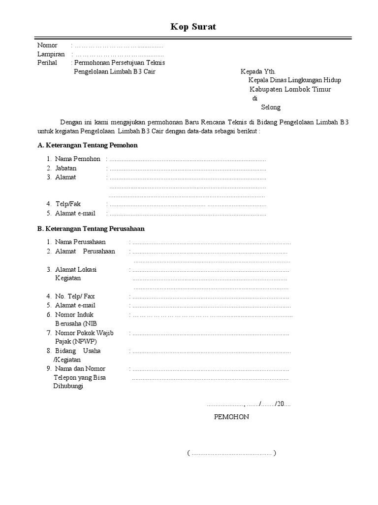 Permohonan Persetujuan Teknis Pengelolaan Limbah B3 Cair | PDF