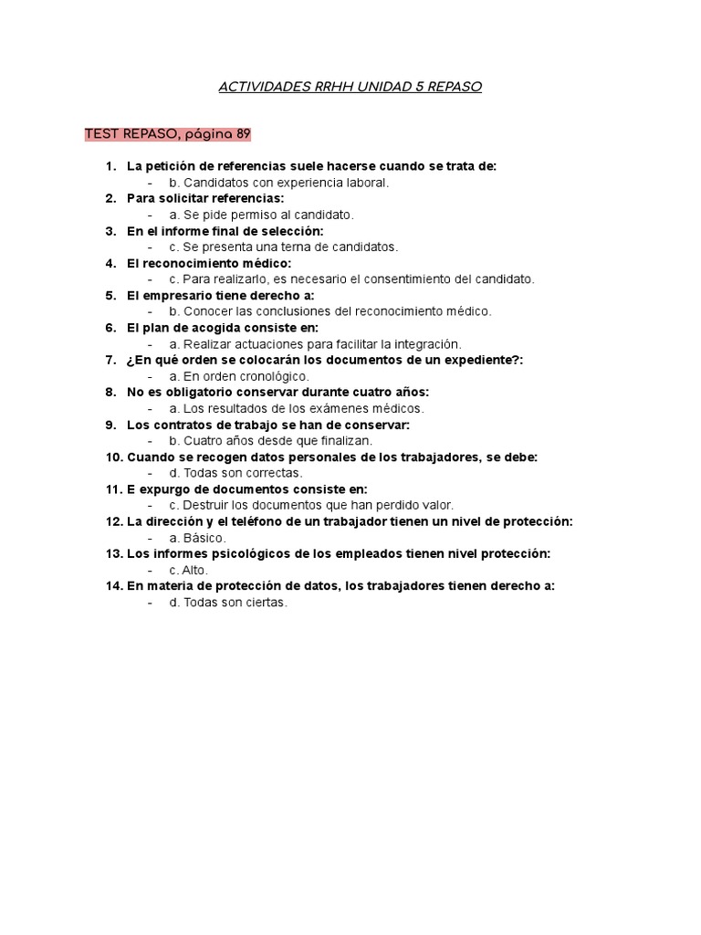 Actividades RRHH Unidad 5 Repaso | PDF