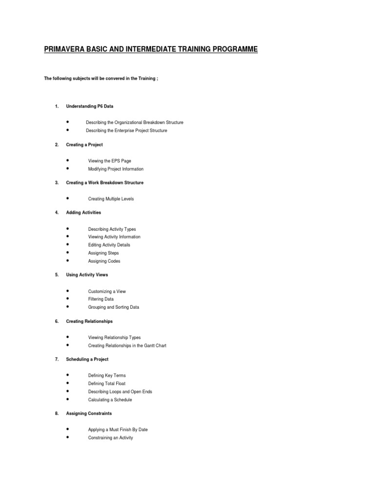 Primavera Basic and Intermediate Training Programme | PDF