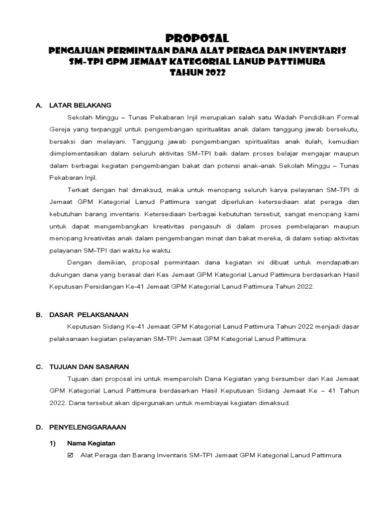 Proposal Permintaan Dana Alat Peraga & Inventaris Tahun 2022 | PDF