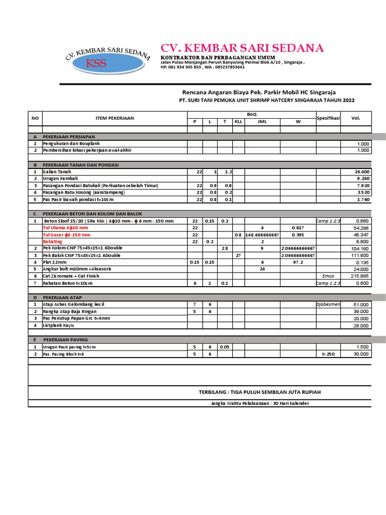RAB Parkir Mobil - CV. KSS Hasil Klarif TGL 9 Sept 2022 | PDF