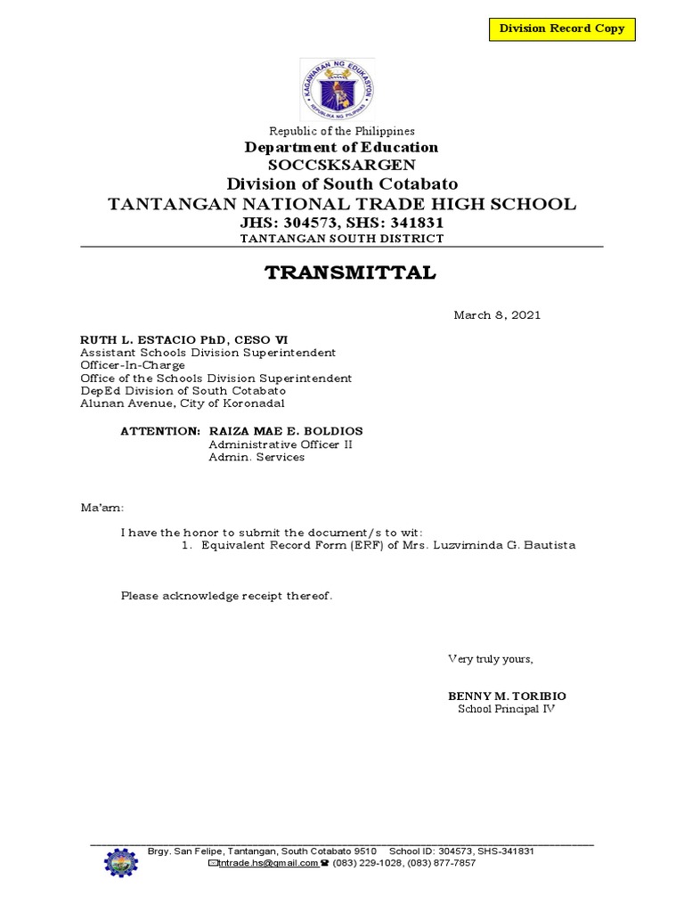 Transmittal (Letter - SLMS) | PDF