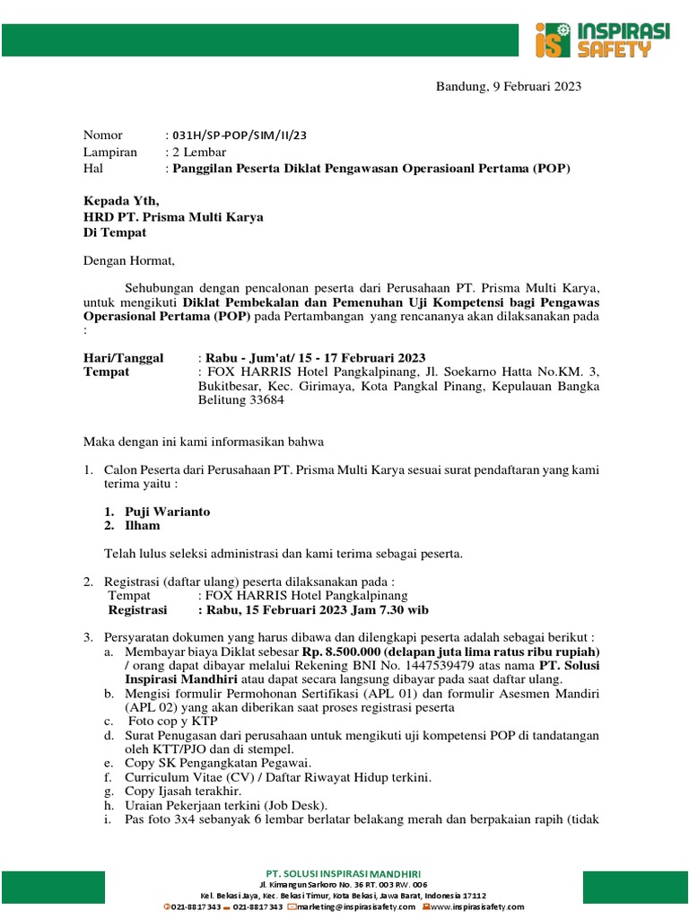 Surat Panggilan POP PT. Prisma Multi Karya | PDF
