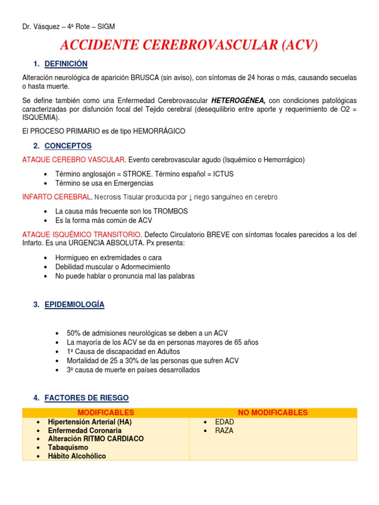 Accidente Cerebrovascular (Acv) : 1. Definición | PDF | Carrera | Isquemia