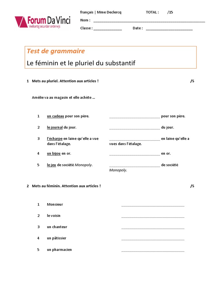 CEG3 - T1 - E1 - Test de Grammaire - Féminin Et Pluriel Des Substantifs ...
