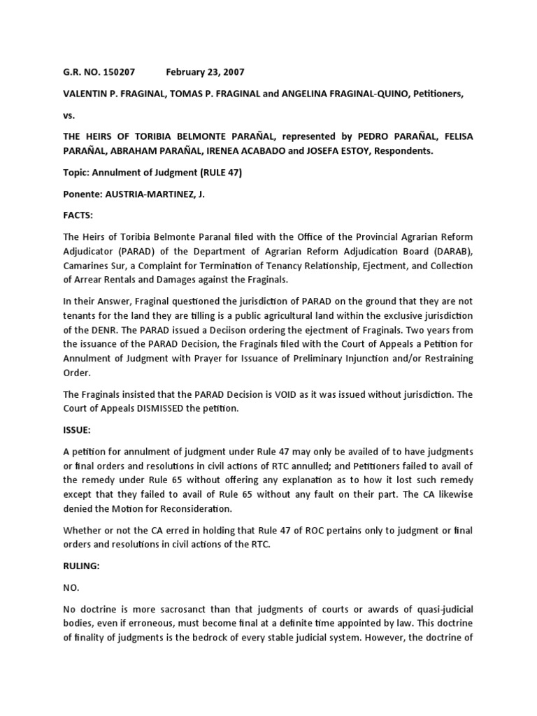 Fraginal vs. Paranal, G.R. No. 150207, February 22, 2007 | PDF ...