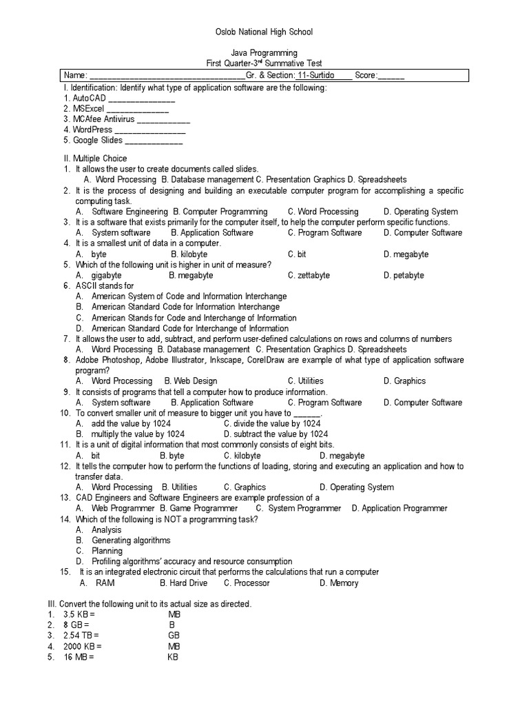 3rd Summative Test Pdf Byte Software