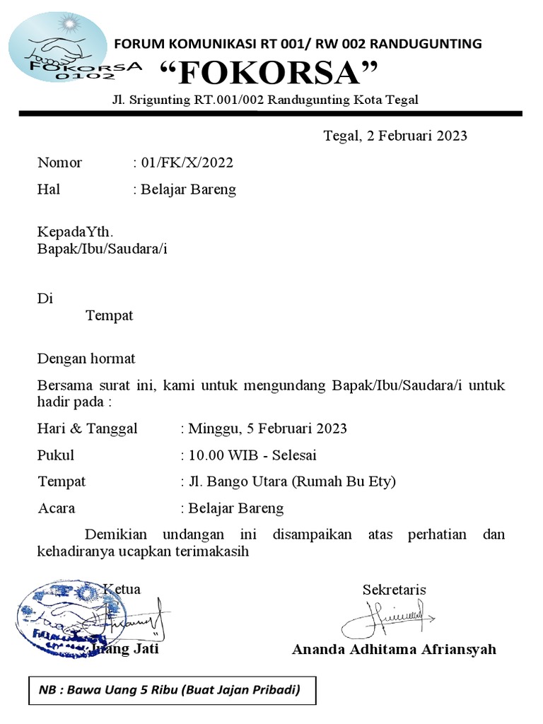 Undangan Belajar Bareng di RT 001 | PDF