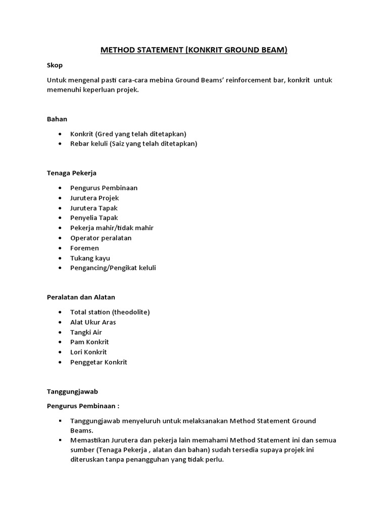 Method Statement (Konkrit Ground Beam) | PDF