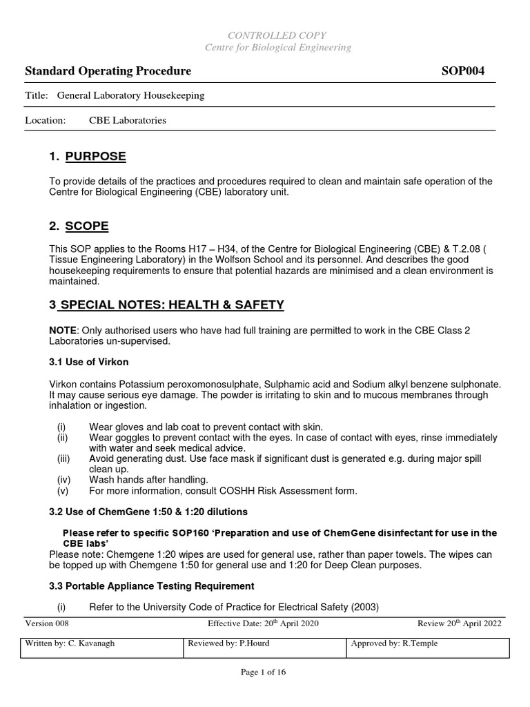CBE Lab Housekeeping SOP | PDF | Laboratories | Housekeeping