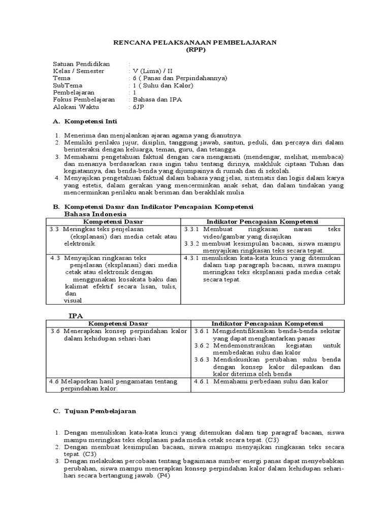 RPP Tema 6 Subtema 1 Pembelajaran 1 | PDF