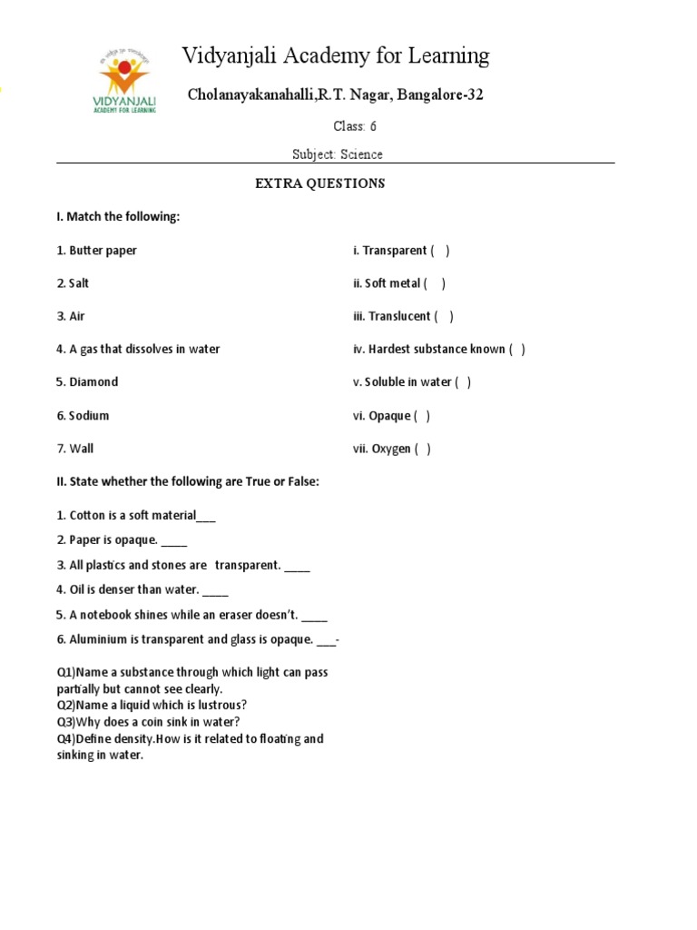 Class 6 Science Extra Questions Guide | PDF
