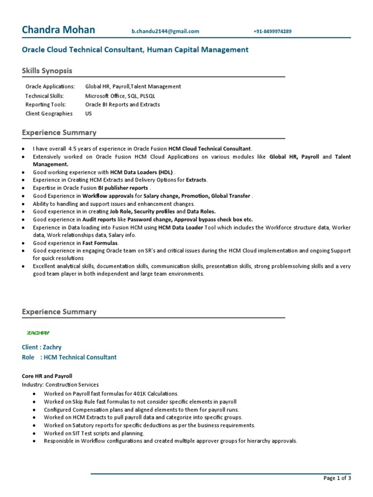 Oracle Cloud Technical Consultant resume highlighting extensive ...