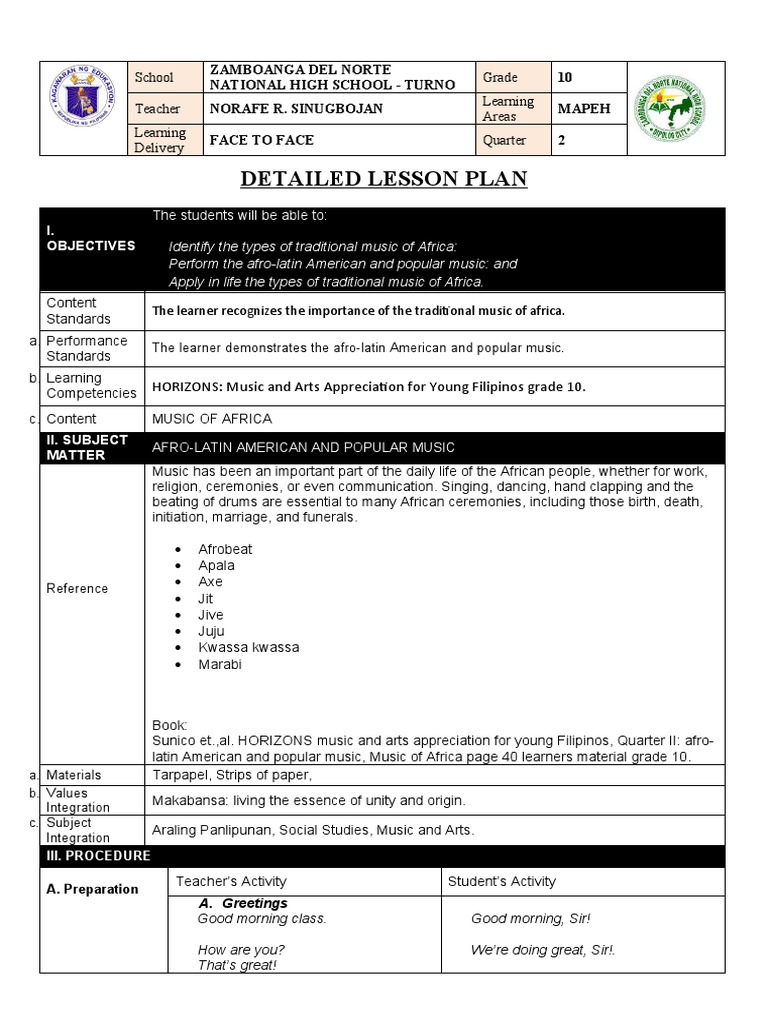 MUSIC Lesson Plan LJR DINGCONG | PDF | Performing Arts | Entertainment