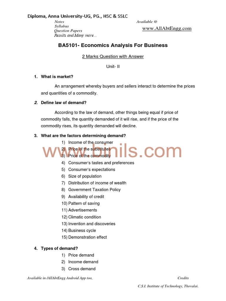 BA5101 Economics Analysis for Business: 2 Mark Question with Answers on Market, Law of Demand ...