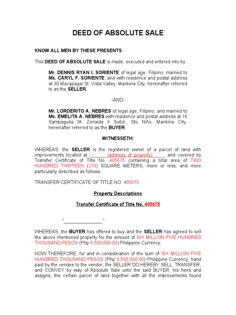 Deed of Absolute Sale for Property Located at [address] for Php 6,500,000 | PDF | Title ...