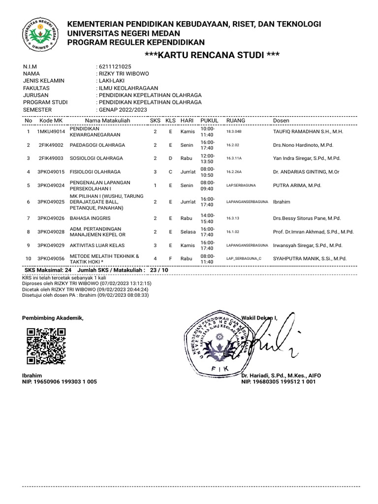 Kartu Rencana Studi (KRS) - AKAD UNIMED | PDF