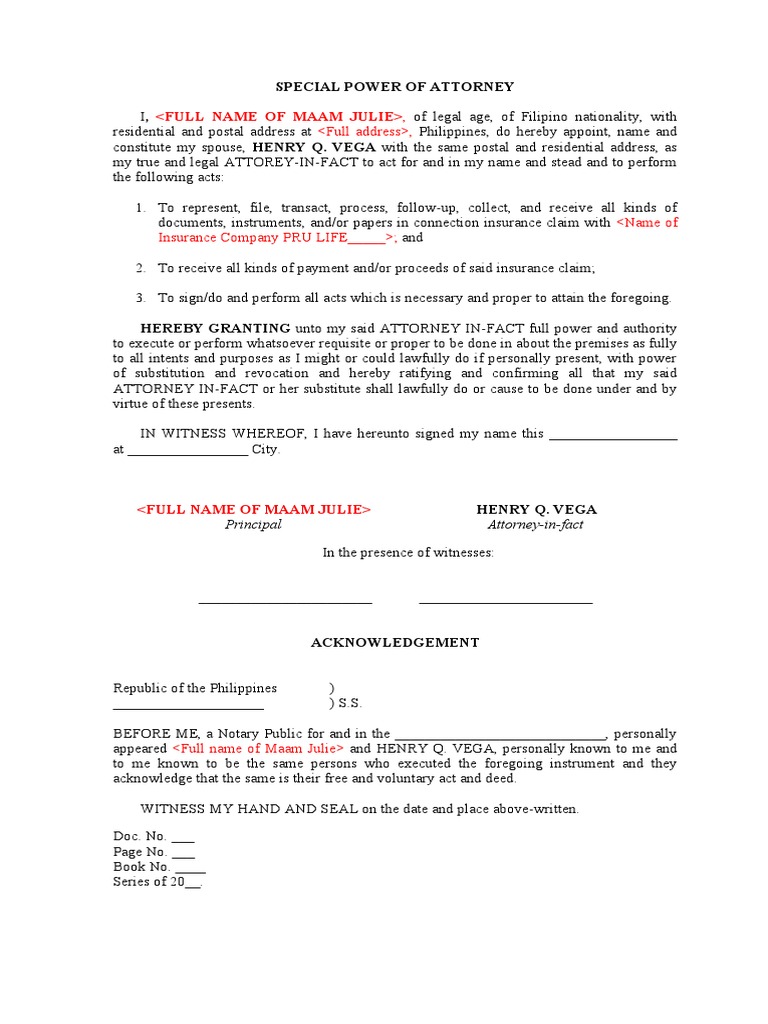 Special Power of Attorney for Insurance Claims | PDF | Social Science
