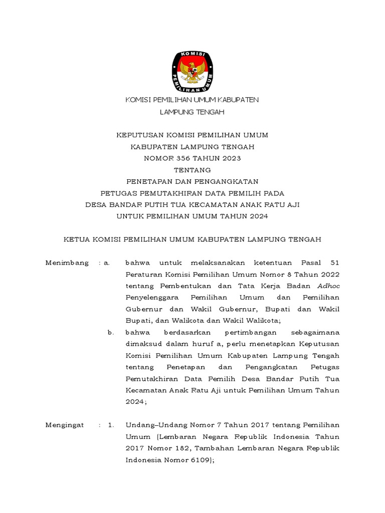 Format SK Pantarlih (Juknis 67) | PDF