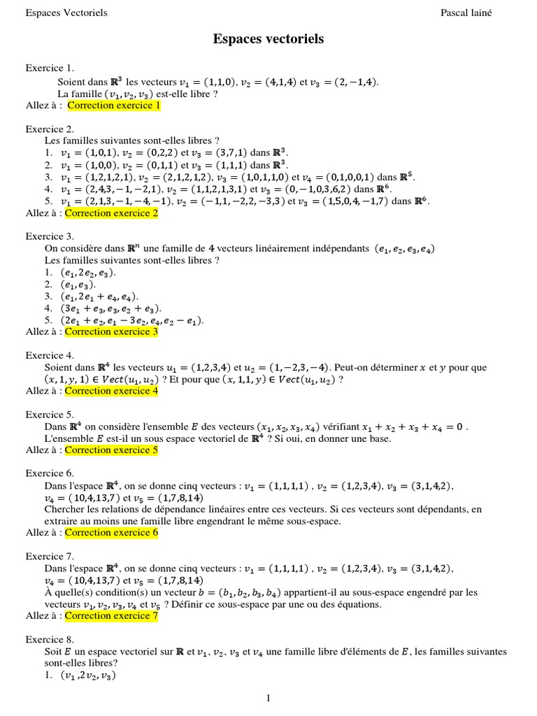 Exercices Espaces Vectoriels | PDF | Base (algèbre linéaire) | Espace ...
