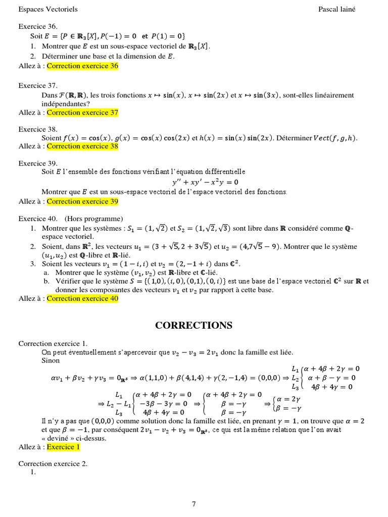Exercices Corrigés sur Espaces Vectoriels | PDF | Base (algèbre ...